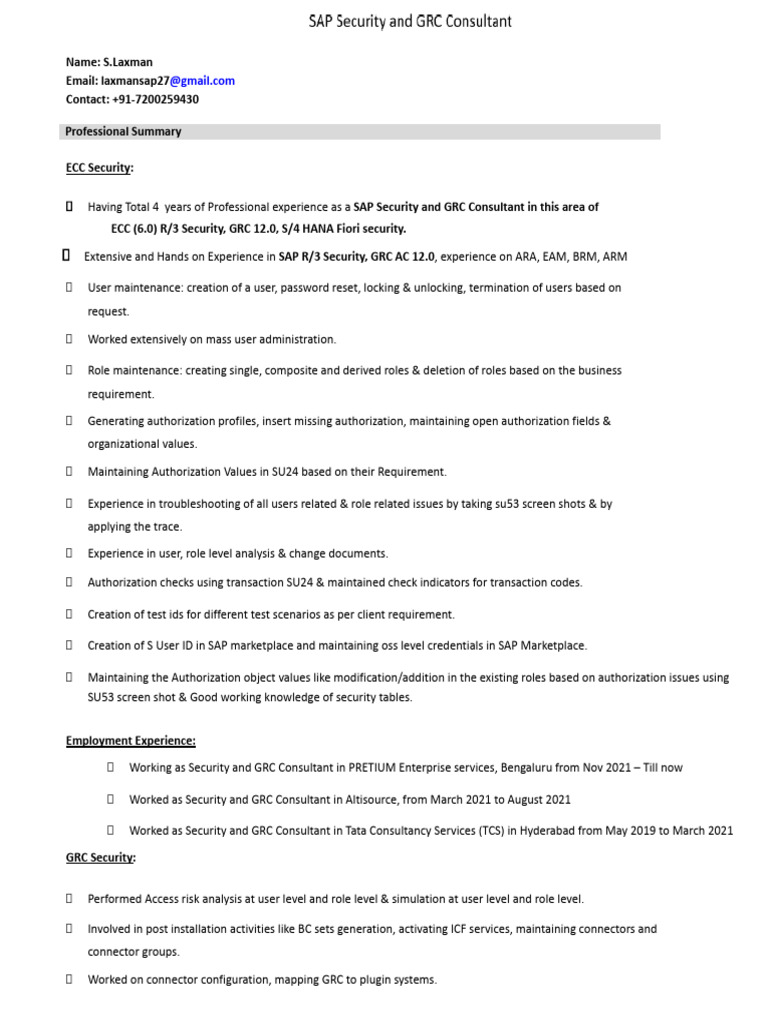 Laxman Sap Security and GRC S4hana Fiori 4 5 Years Exp 1727336325 | PDF