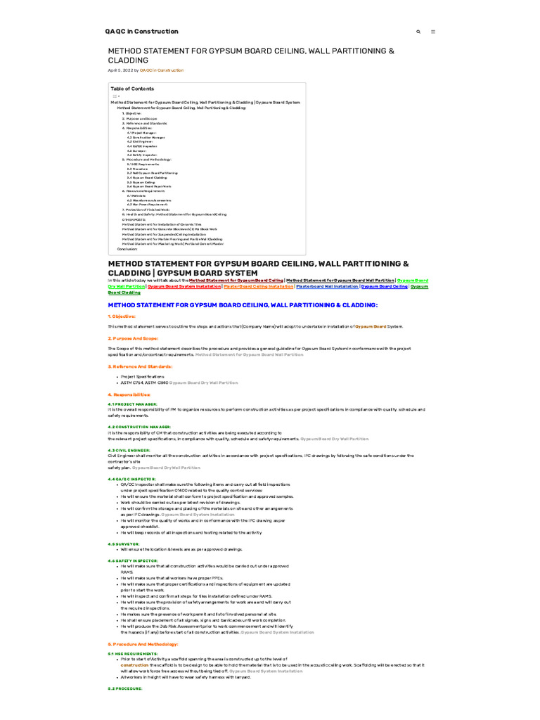 Method Statement For Gypsum Board Ceiling, Wall Partitioning & Cladding | PDF