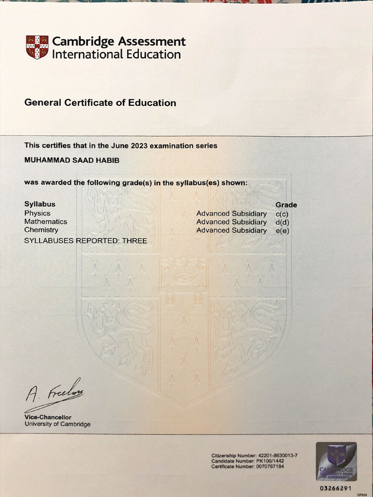 Muhammad Saad Habib AS transcript front & back(1) | PDF