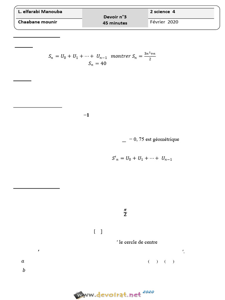 Devoir de Contrôle N°4 - Math - 2ème Sciences (2019-2020) MR Chaabane ...
