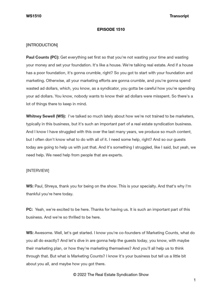 WS1510 Paul Counts Shreya Banerjee Transcript | PDF