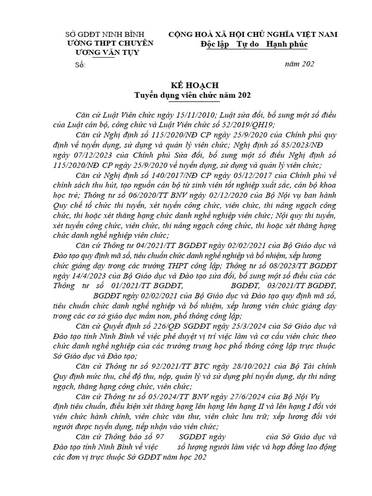 1. Kế hoạch tuyển dụng viên chức năm 2024 - LVT | PDF