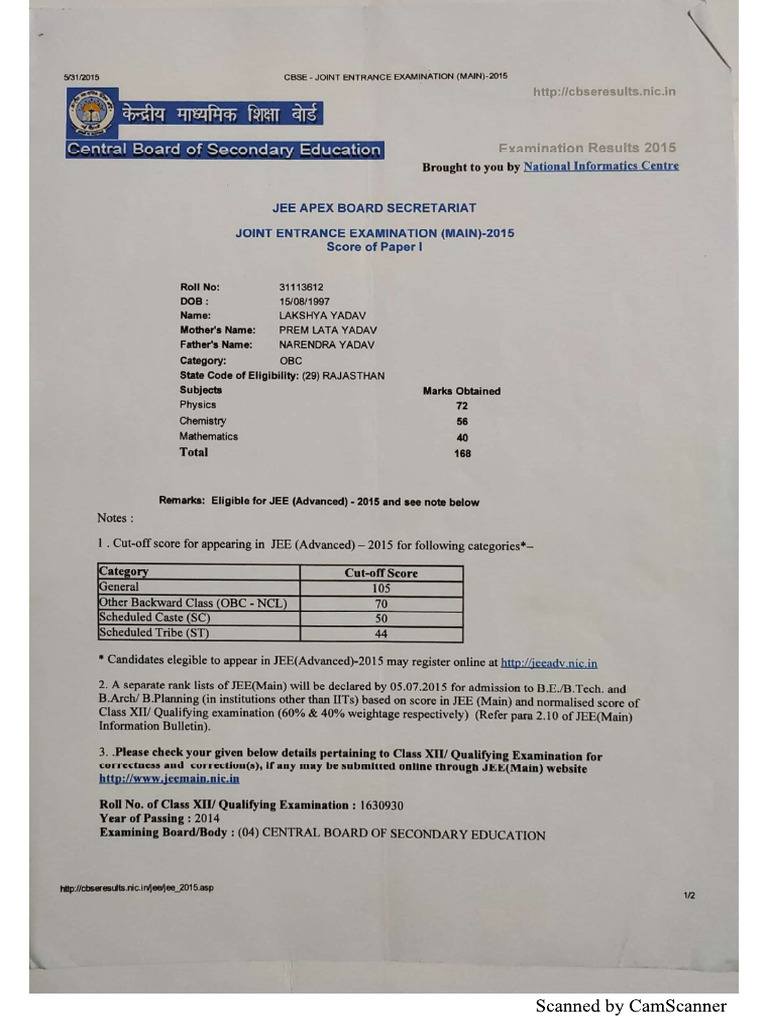JEE Mains Scorecard | PDF