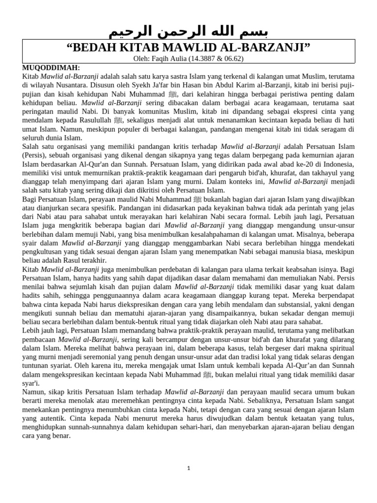 Bedah Kitab Mawlid Al-Barzanji | PDF