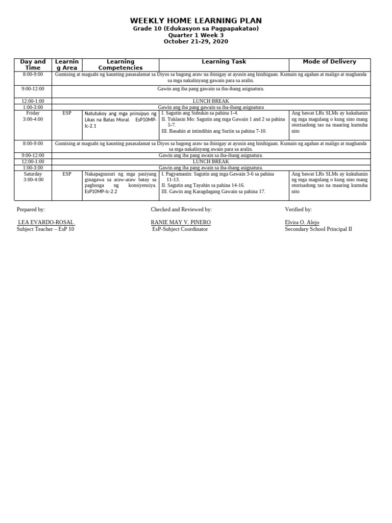 Weekly Home Learning Plan Quarter 1 Week 3 | PDF