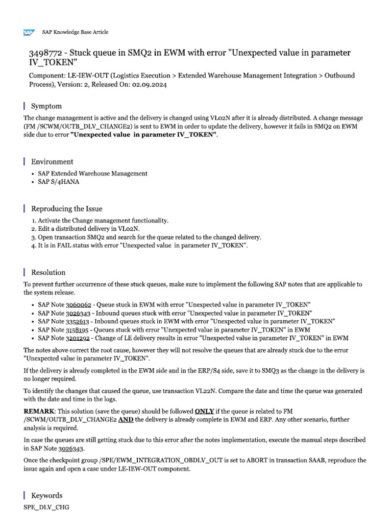 SAP Note 3498772 - SMQ2 Error - IV - TOKEN | PDF