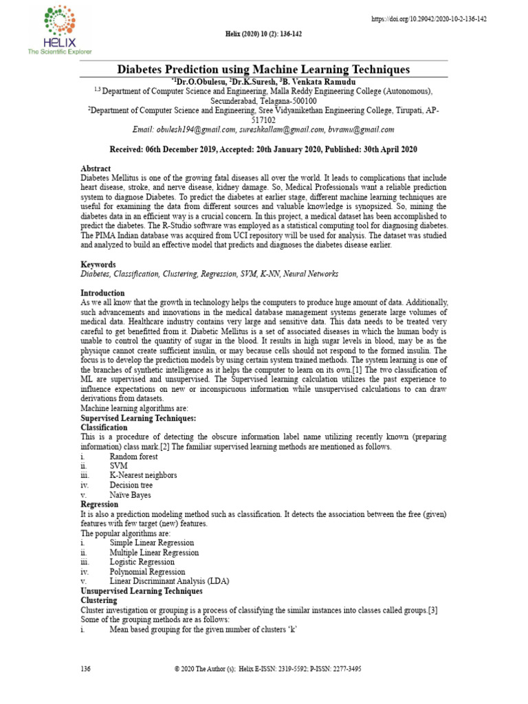 Diabetes Prediction Using Machine Learning Techniques Pdf