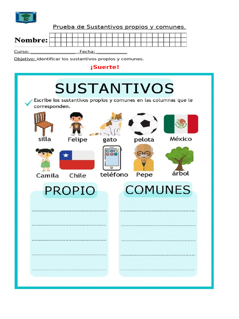 Prueba SUSTANTIVOS PROPIOS Y COMUNES | PDF