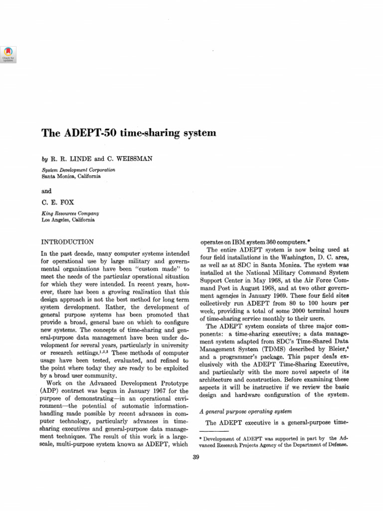 The ADEPT-50 Time-Sharing System: by R. R. Linde and C. Weissman | PDF