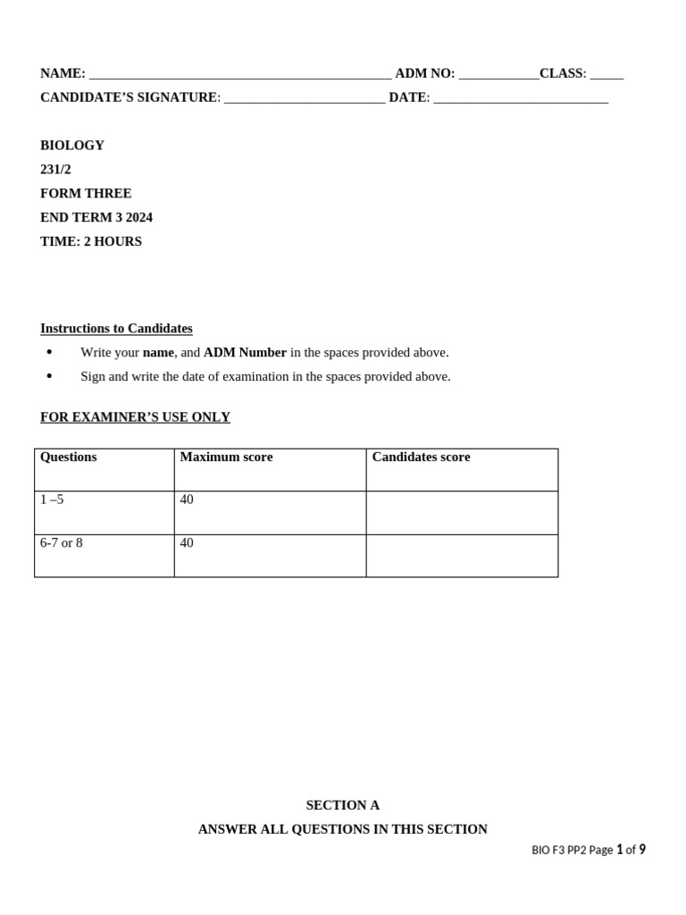 Biology F3 PP2 QS | PDF