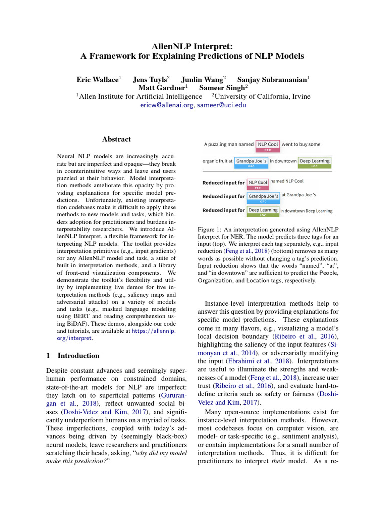 Allennlp Interpret: A Framework For Explaining Predictions of NLP Models | PDF
