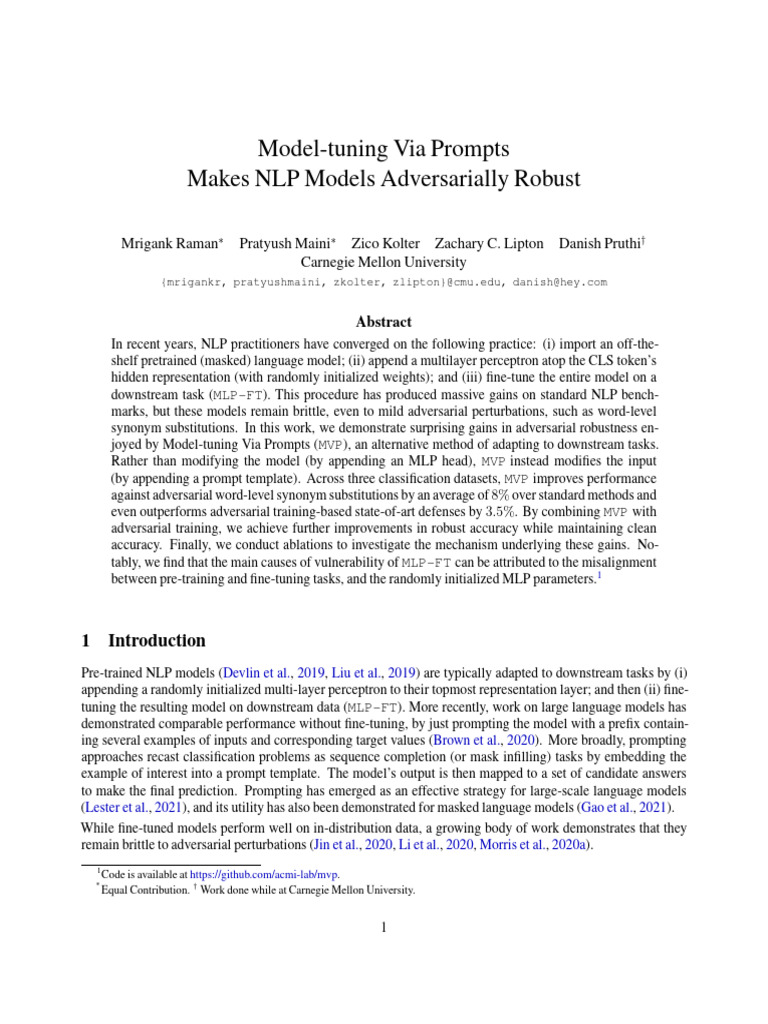 Model-Tuning Via Prompts Makes NLP Models Adversarially Robust | PDF