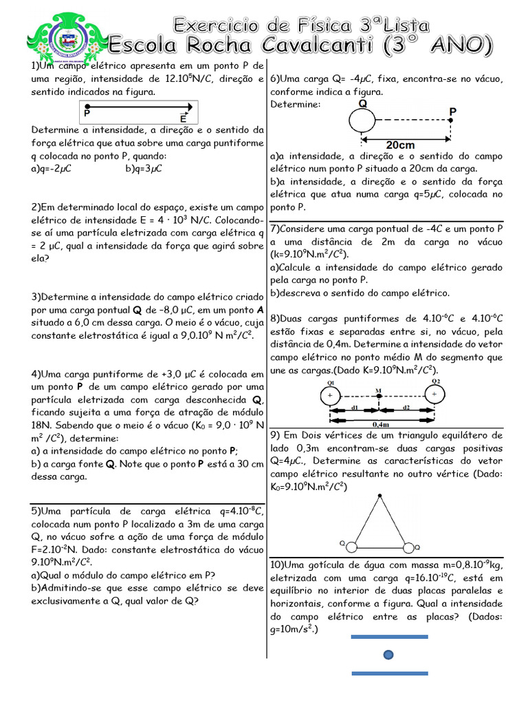 1 Lista Exercicio Campo Elétrico 3° Ano | PDF
