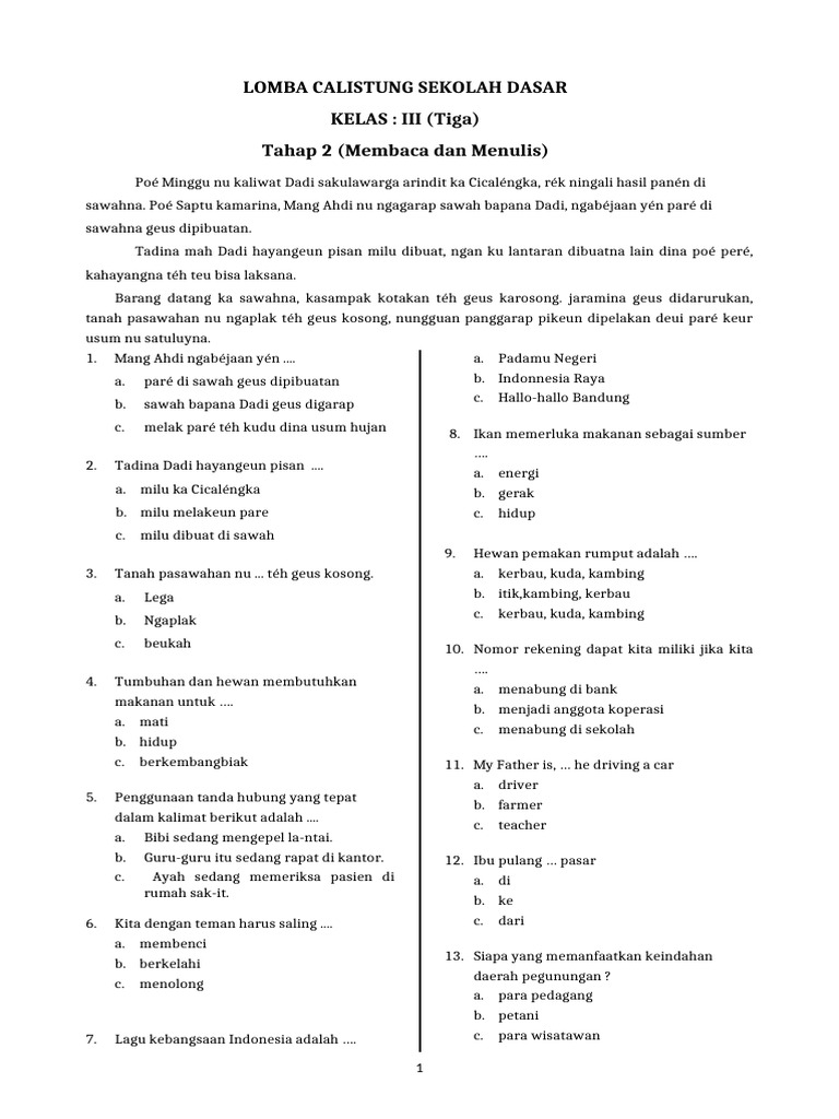 Soal Calistung Kelas 3 Tahap 2 | PDF
