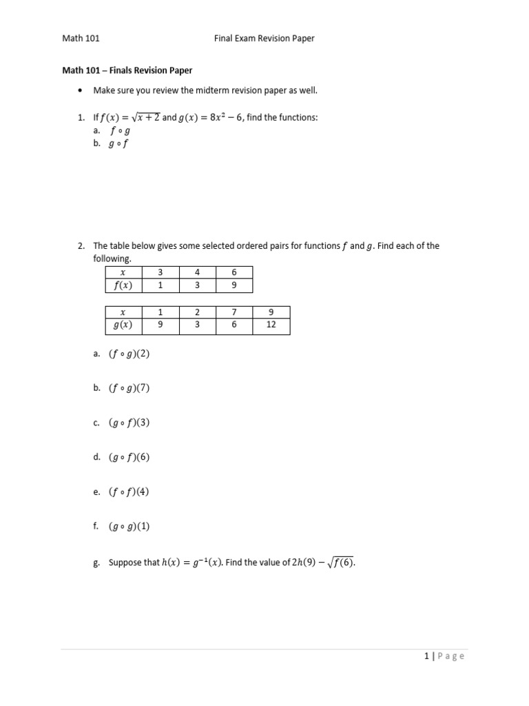Math 101 Final Exam Revision Paper 2020 | PDF