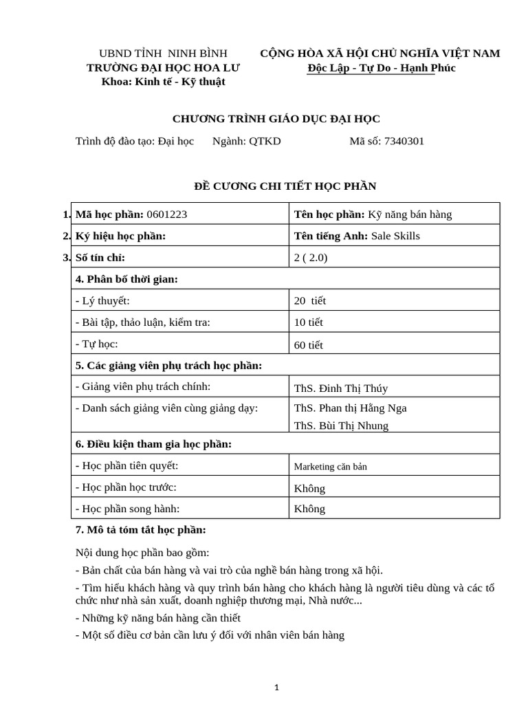 De Cuong Chi Tiet Ky Nang Ban Hang | PDF