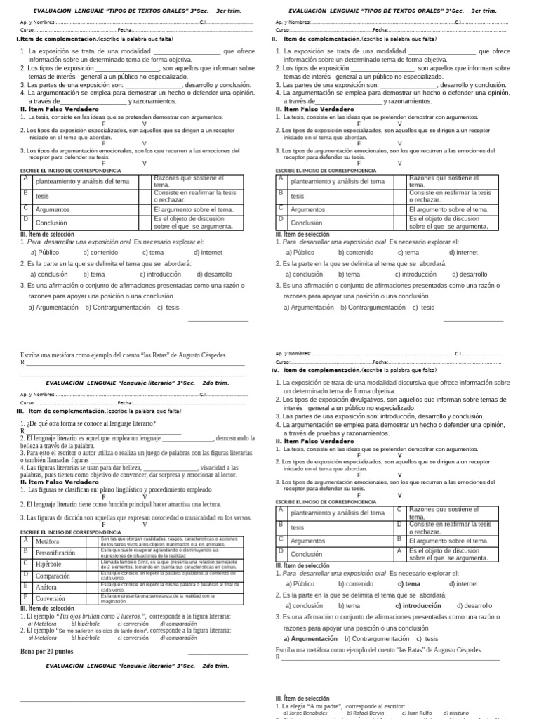 EVAL Lenguaje Literario 3ro Sec | PDF