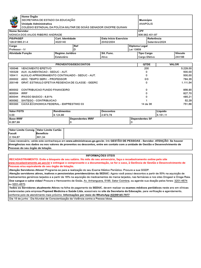 Contracheque - Governo Do Estado de Goiás | PDF