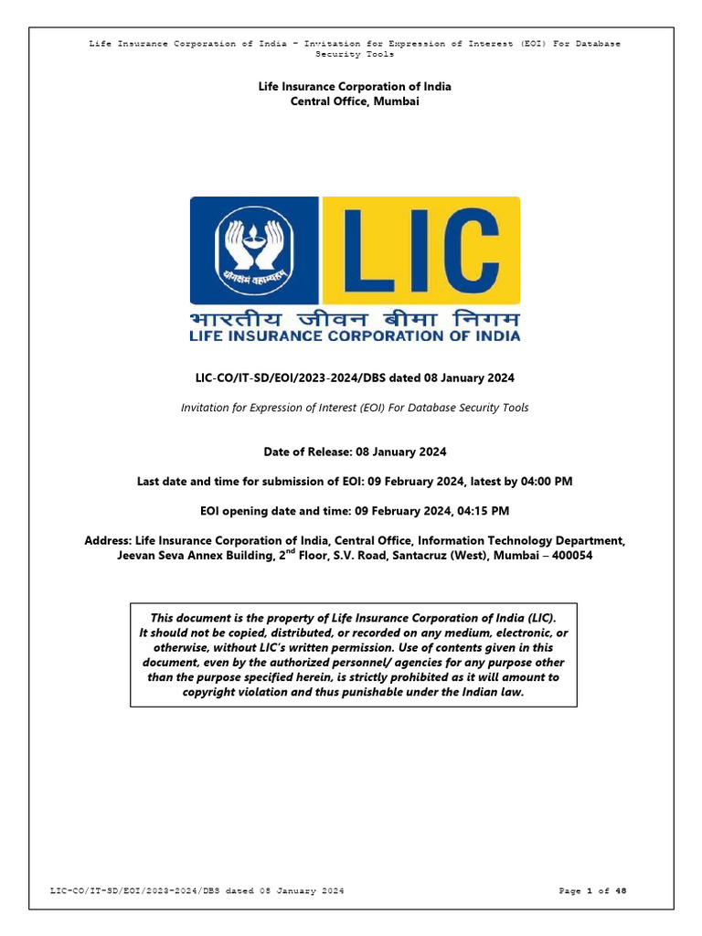 LIC - EOI For Database Security Tools | PDF | Databases | Finance & Money Management