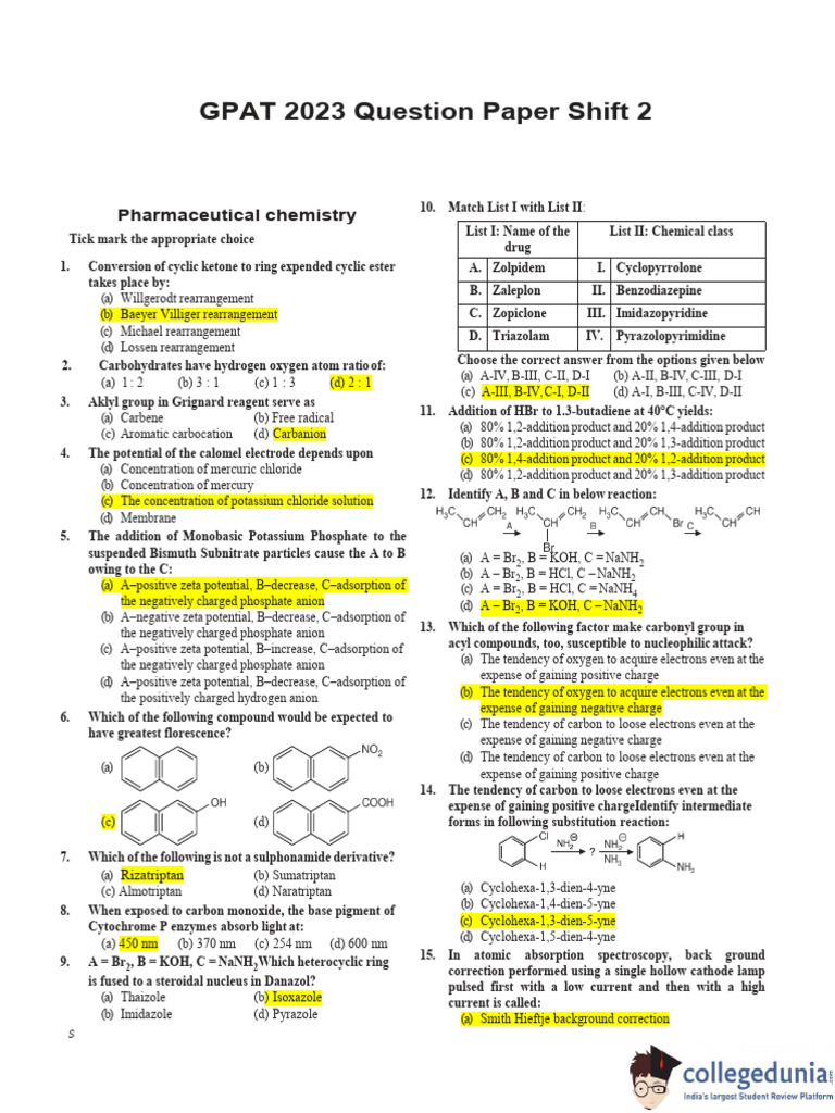 GPAT 2023 Question Paper Shift 2 | PDF | Acetylcholine | Solubility