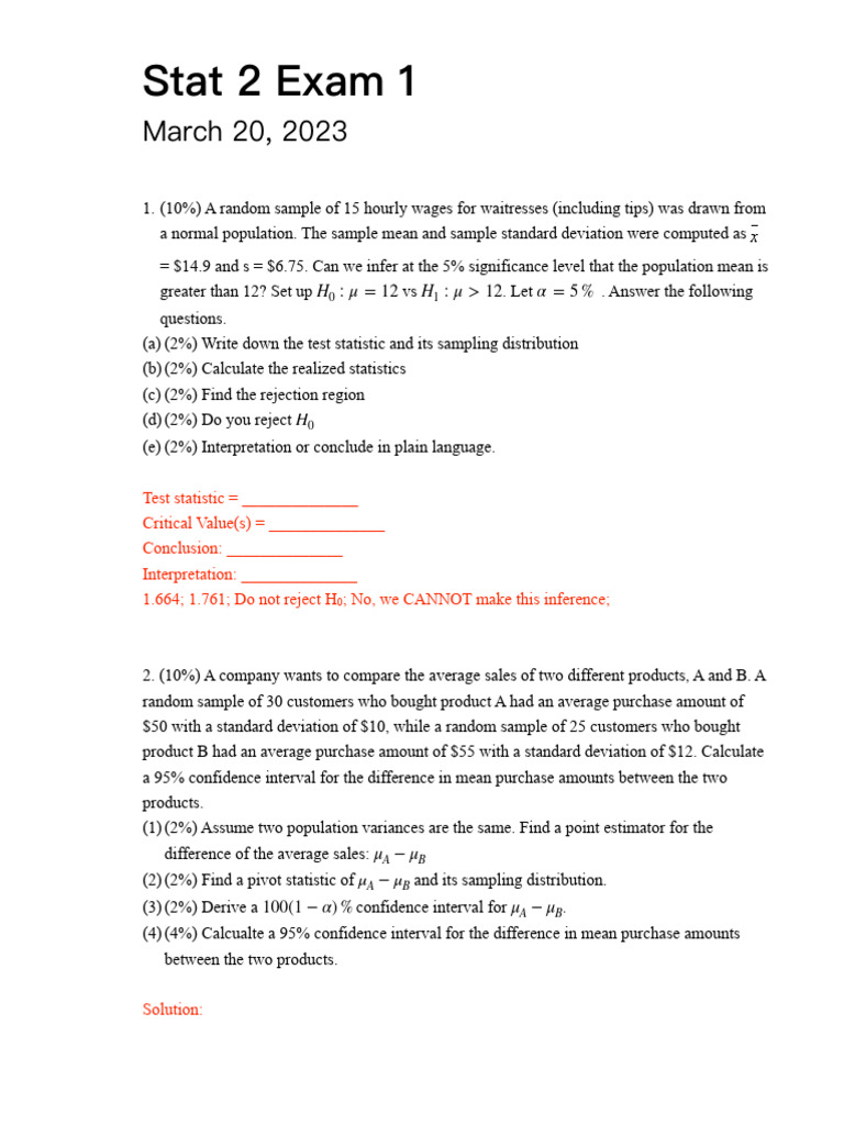 Stat II Exam 1 Sol | PDF
