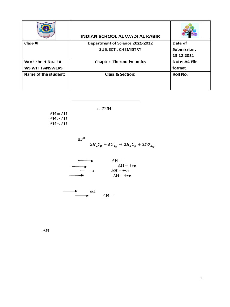 Class 11 - Chemistry - Thermodynamics With Answer Key | PDF