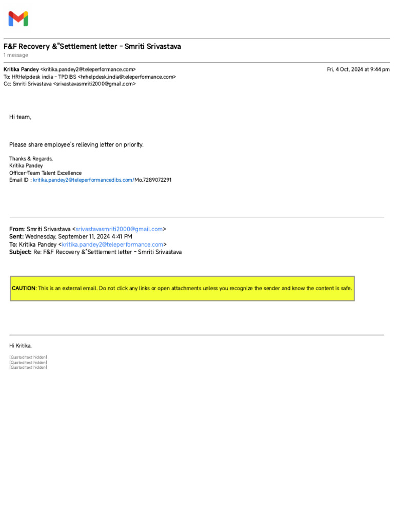 Gmail - F&F Recovery & - Settlement Letter - Smriti Srivastava 4 | PDF