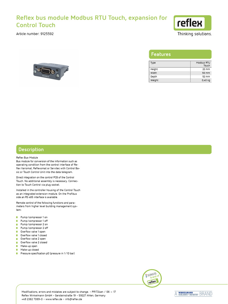 9125592-Reflex Modbus RTU Module-Datasheet | PDF