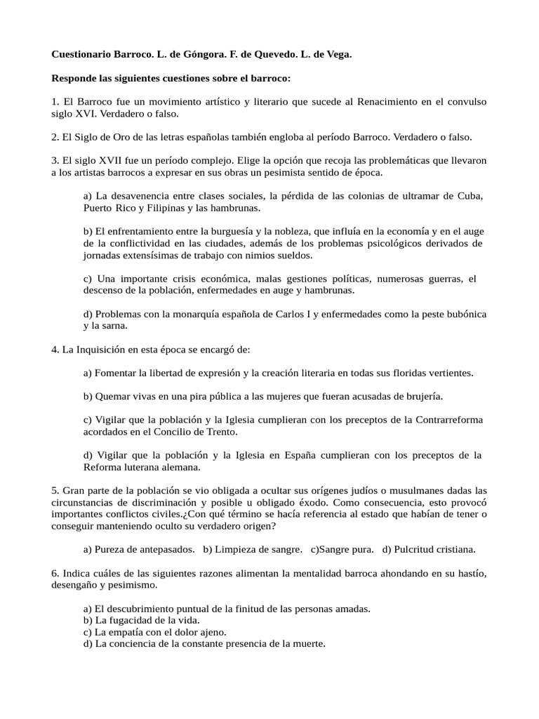 Cuestionario Barroco | PDF | Spanish Literature | Classics