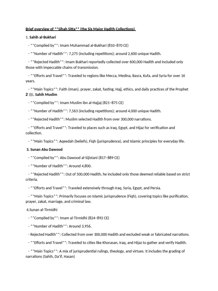 Brief overview of Sihah Sitta -Kutub Arbaa | PDF