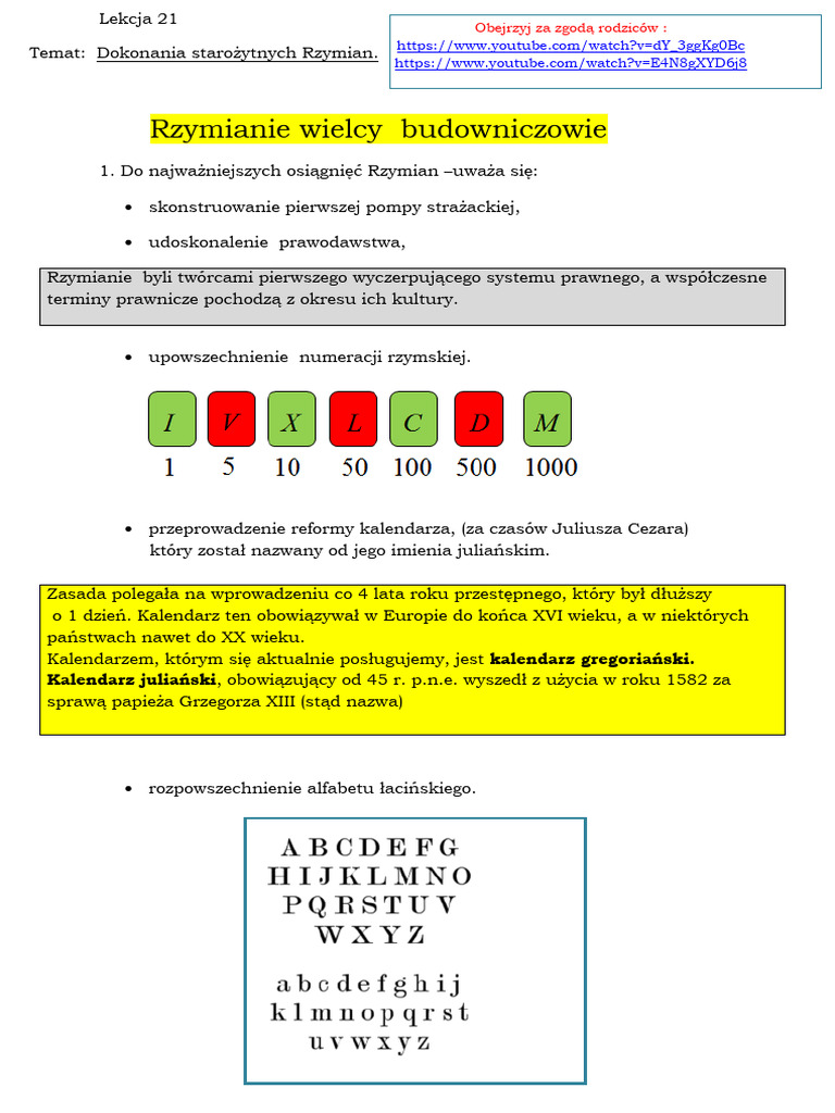 Lekcja 21 Dokonania Starozytnych Rzymian. Klasa 5 | PDF