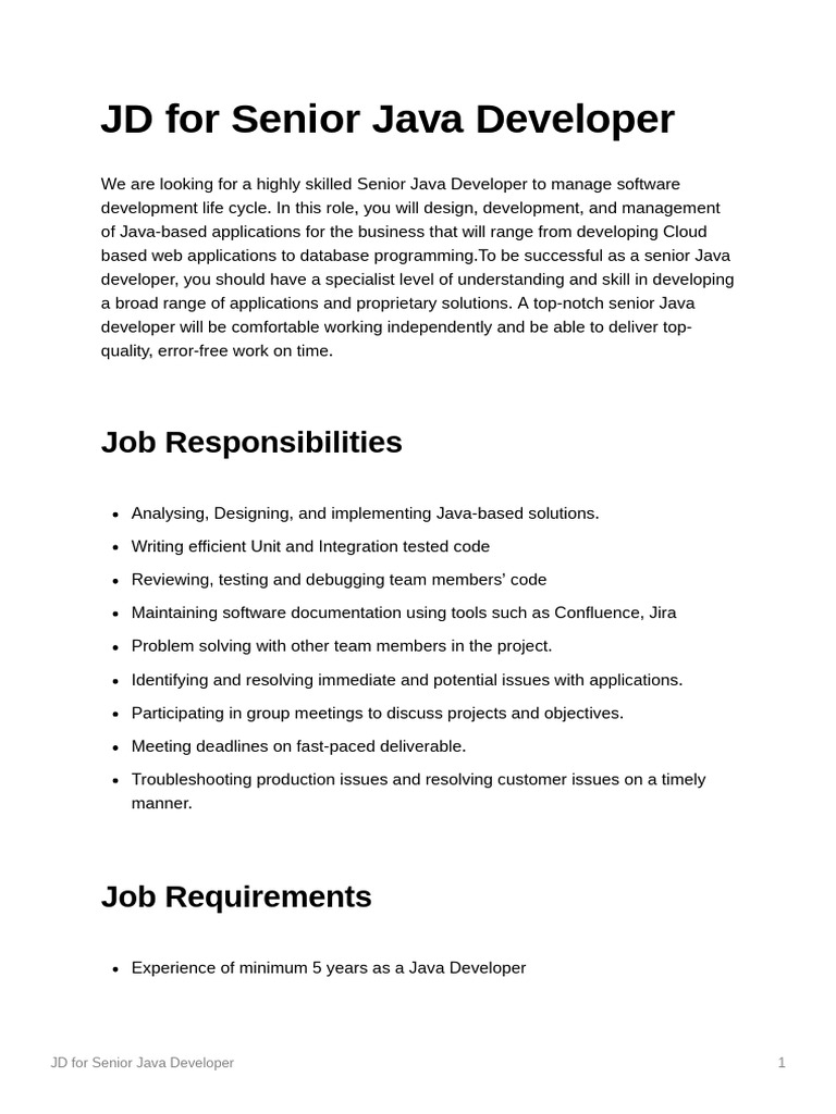 JD for Java Developer | PDF