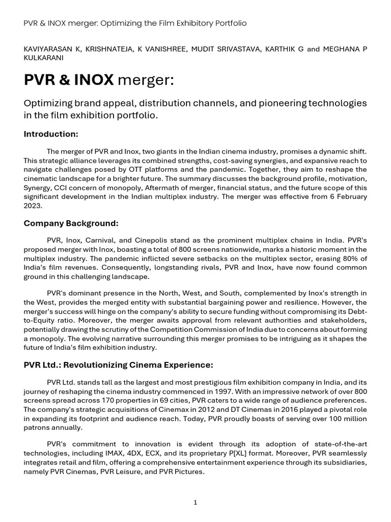 Brief Case Report On PVR & INOX Merger | PDF | Mergers And Acquisitions ...