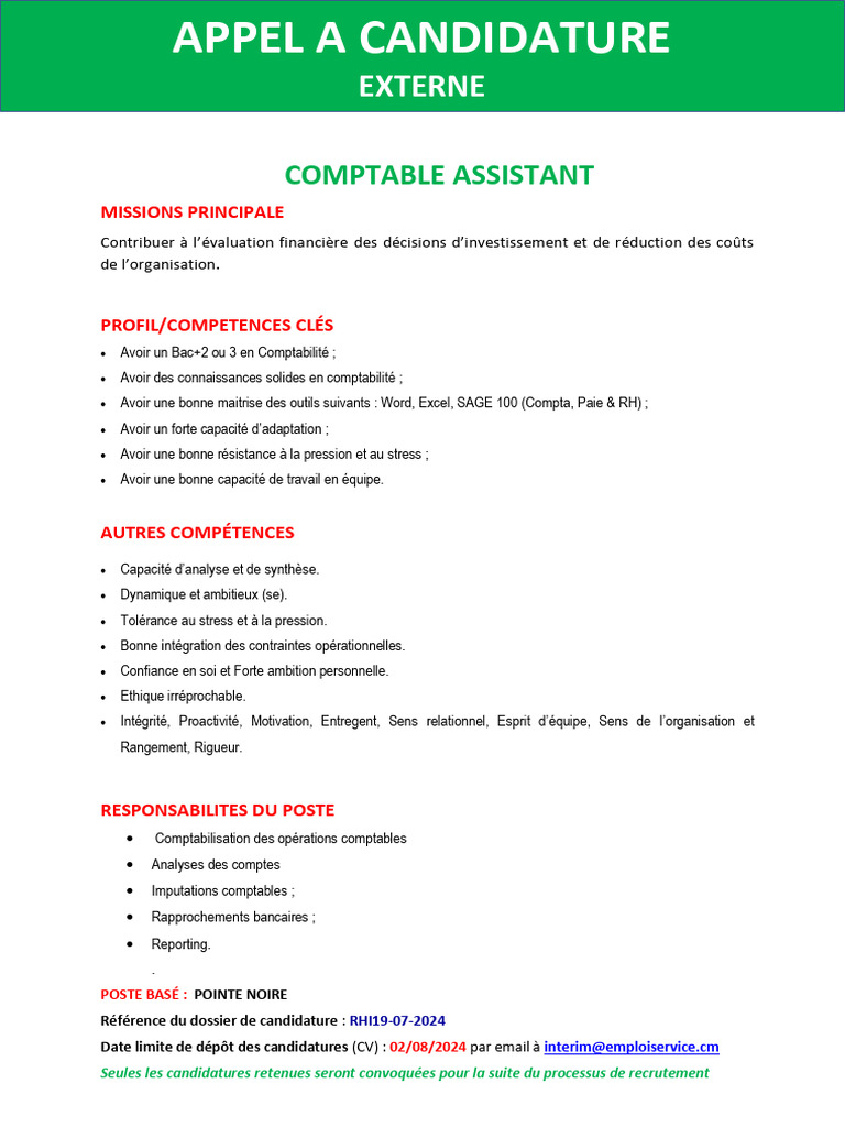ES - Appel À Candidature Comptable Assistant Pointe Noire | PDF