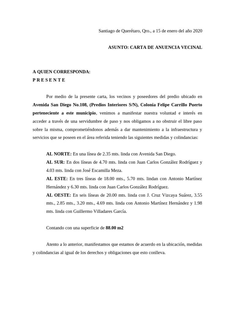 Carta de Anuencia Vecinal | PDF