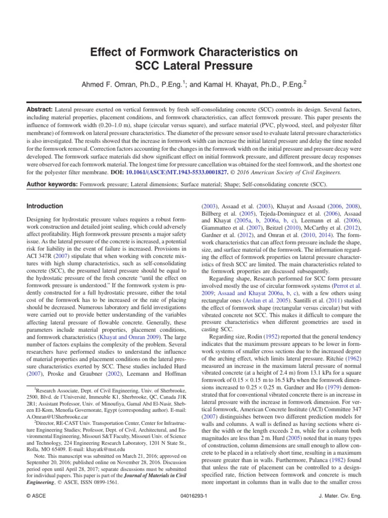 Effect of Form Work Characteristics On SCC Lateral Pressure | PDF