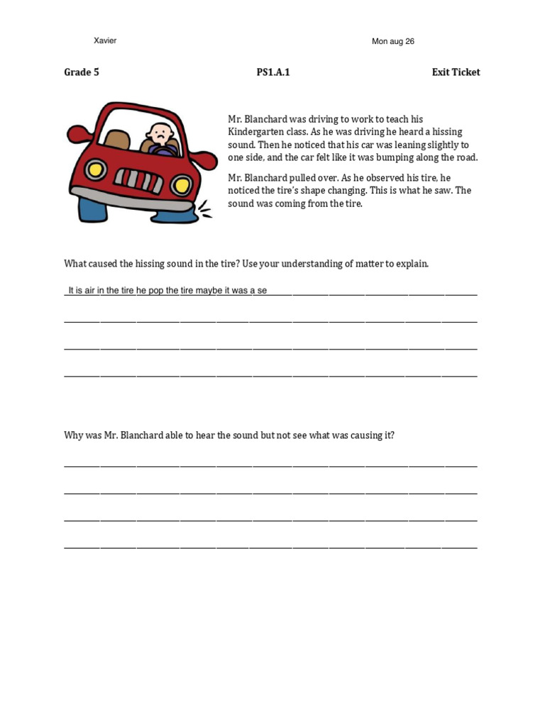 Grade 5 Science Exit Ticket on Tires | PDF