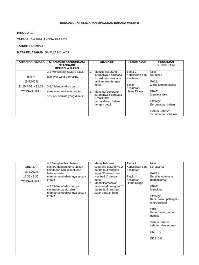 Rancangan Pelajaran Mingguan BM - Minggu 10 | PDF