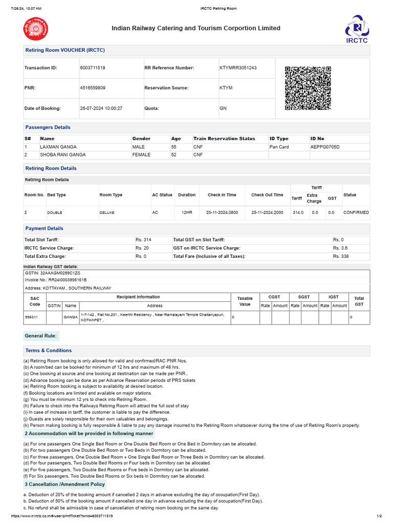 IRCTC Retiring Room On 25th Nov | PDF