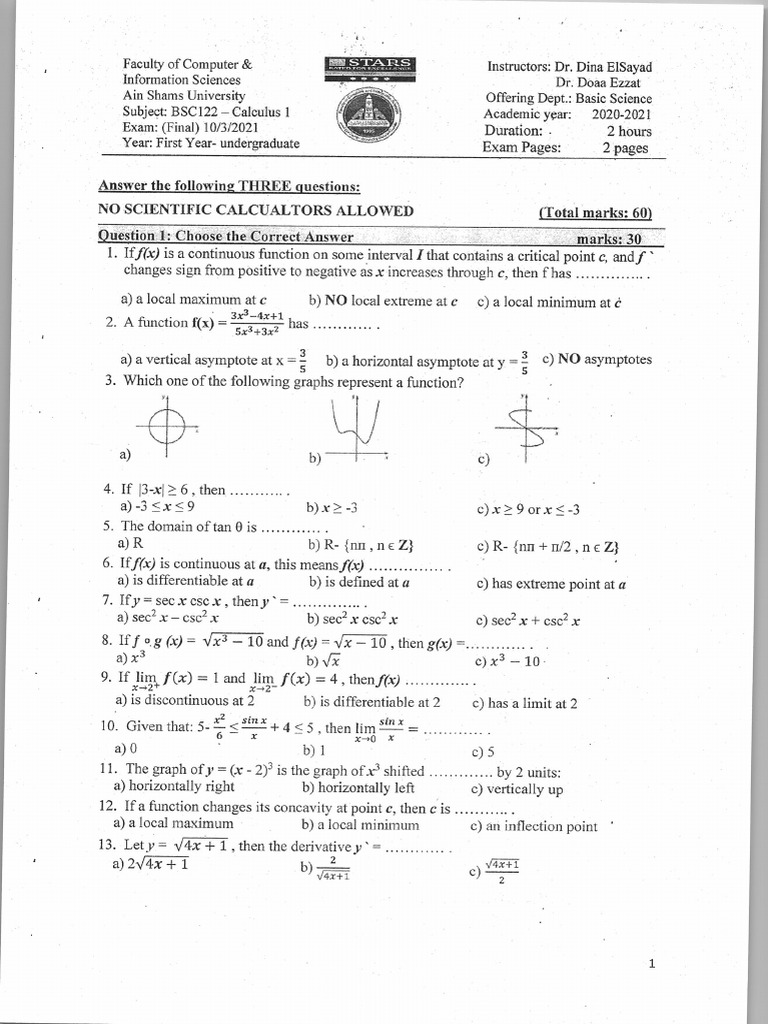 Calculus 1 Final 2021 | PDF