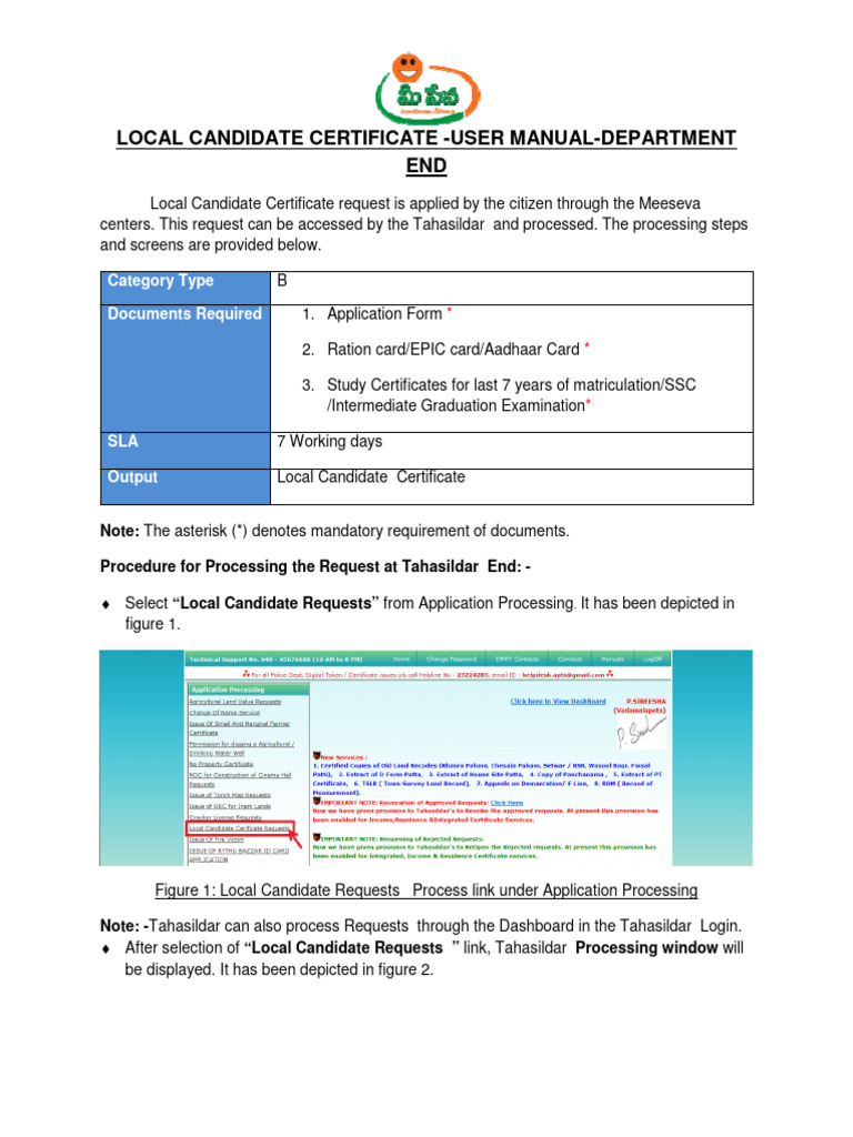 MEESEVA User Manual For DEPT-Local Candidate Certificate Ver 1.1 | PDF