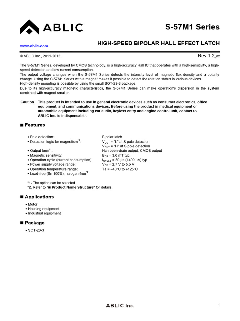 S-57M1 Series: High-Speed Bipolar Hall Effect Latch | PDF