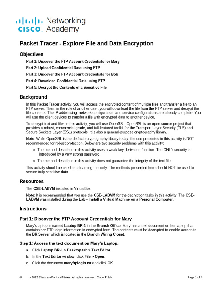 10.1.15 Packet Tracer - Explore File and Data Encryption | PDF | File Transfer Protocol | Computers