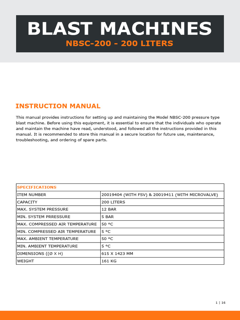 Blast Machines 200L Instruction Manual | PDF