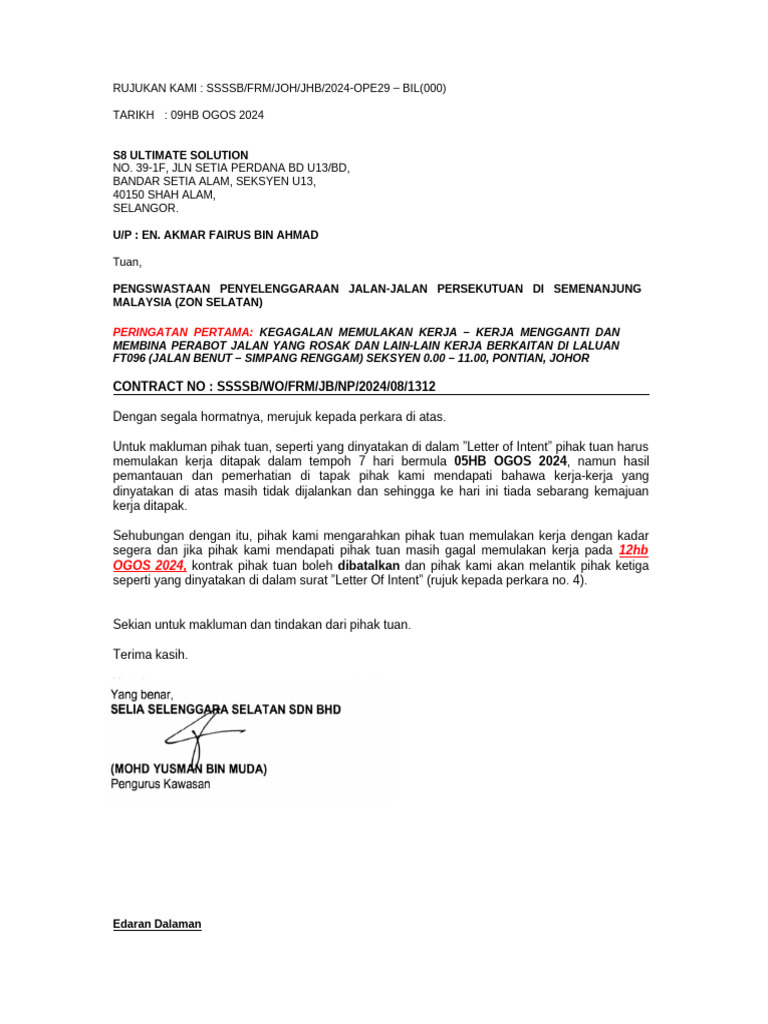 Bil (000) - Kelewatan Kerja S8 Ultimate Solution FT096 - Perabot Jalan ...