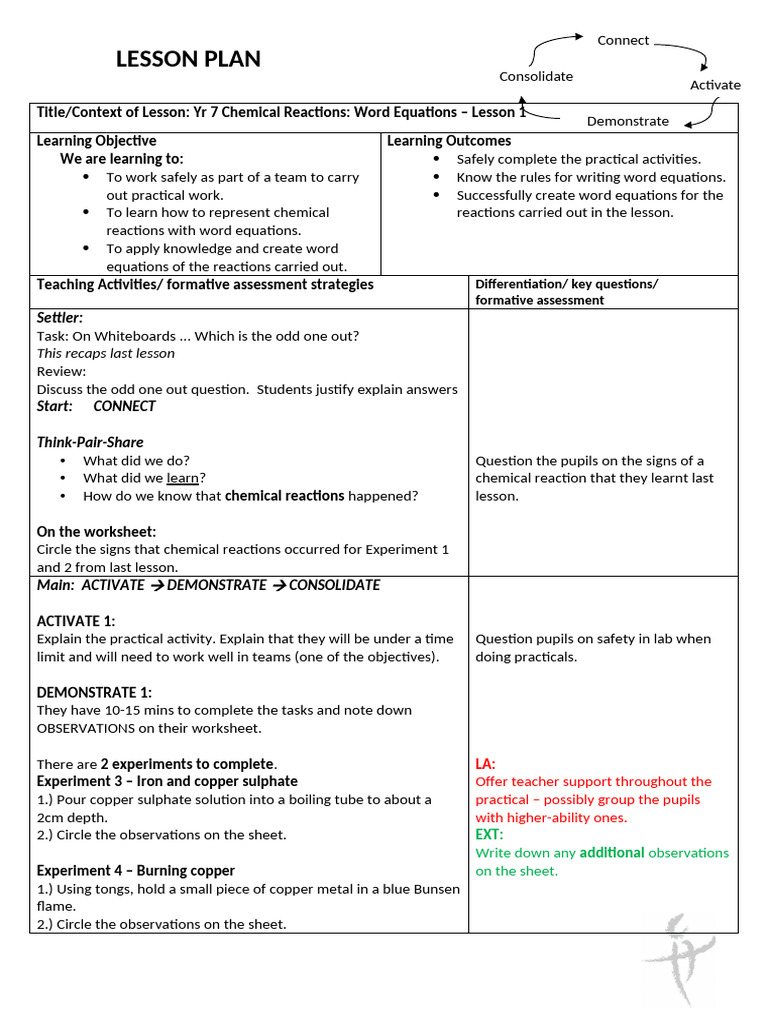 Yr 7 Chemical Reactions Lesson Plan | PDF | Learning | Cognition