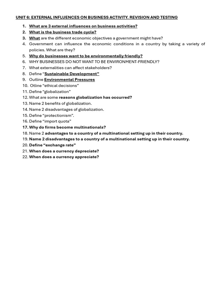 Unit 6 External Influences Revision and Testing | PDF
