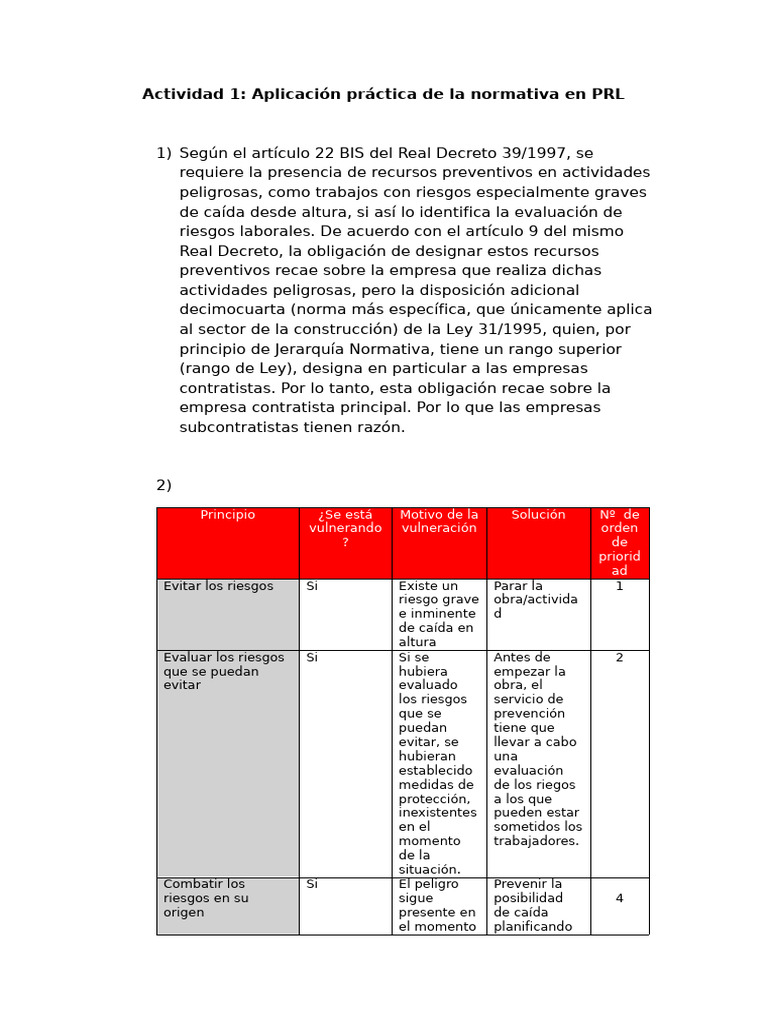 Actividad 1 Aplicación Práctica de La Normativa en PRL | PDF