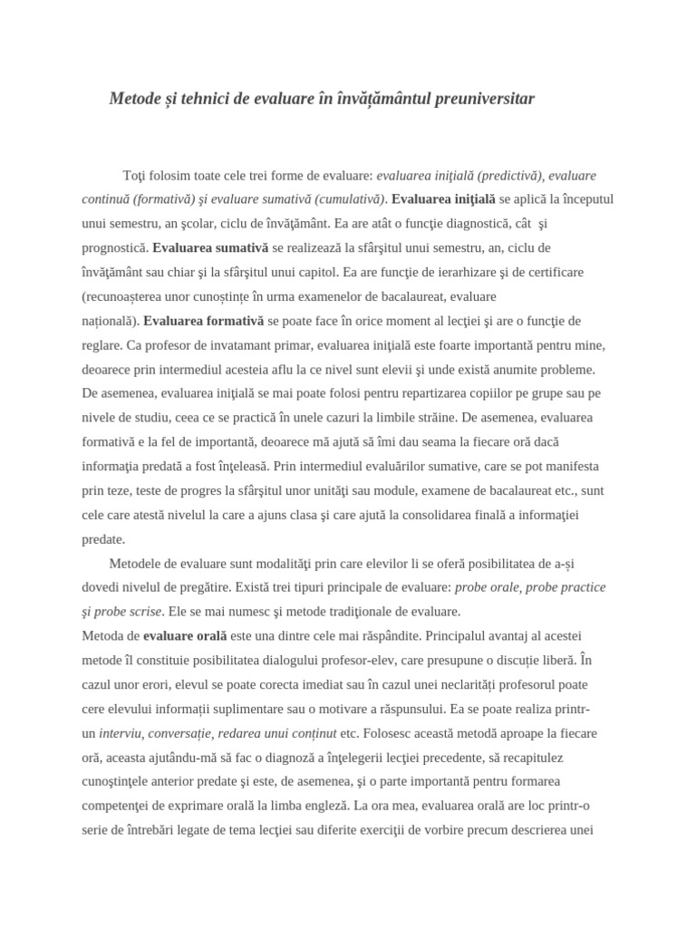 Metode Și Tehnici de Evaluare În Învățământul Primar | PDF