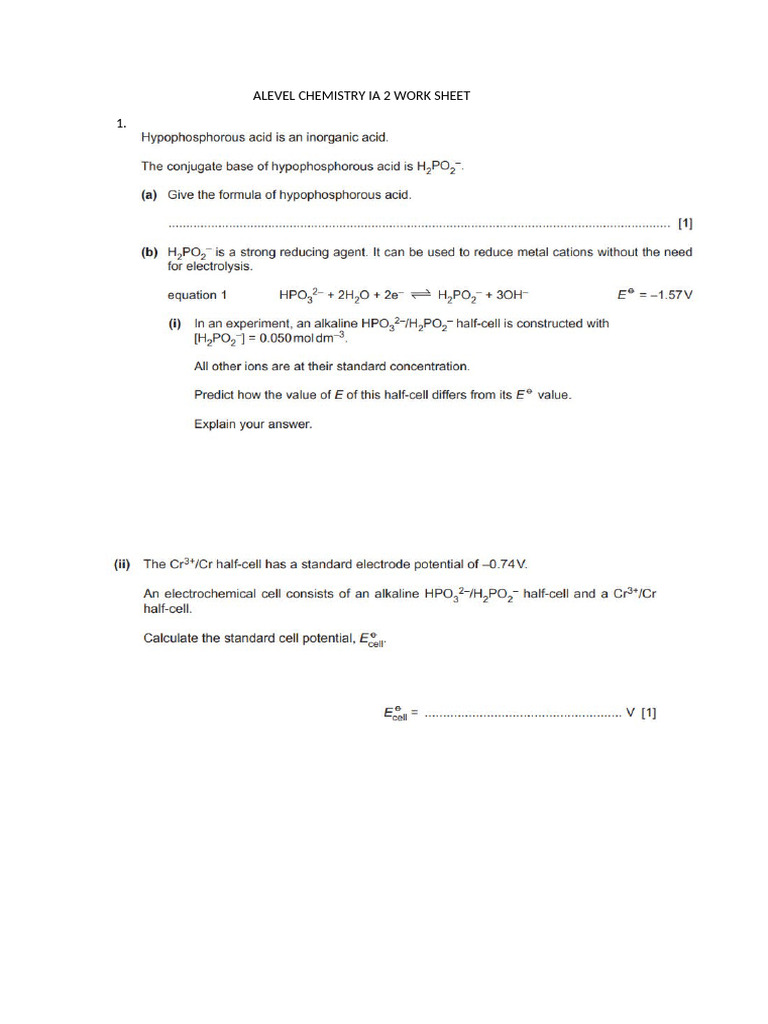 A LEVEL CHEMISTRY IA 2 WORK SHEET | PDF